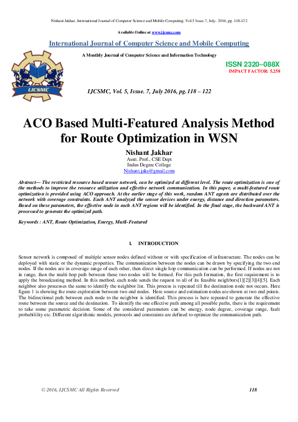 (PDF) ACO Based Multi-Featured Analysis Method for Route Optimization in WSN