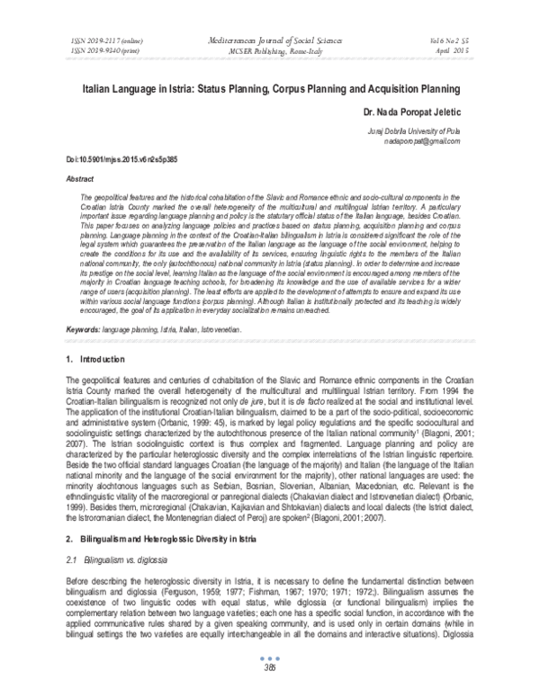 (PDF) Italian Language in Istria: Status Planning, Corpus Planning and ...