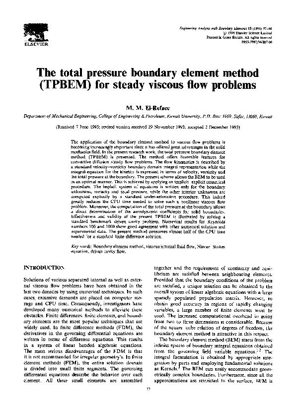 (PDF) The total pressure boundary element method (TPBEM) for steady viscous flow problems ...