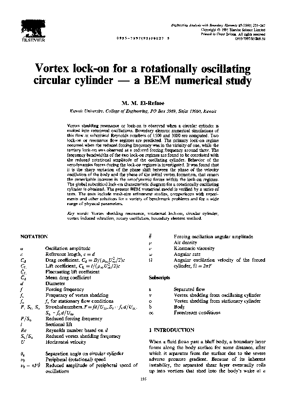 (PDF) Vortex lock-on for a rotationally oscillating circular cylinder ...