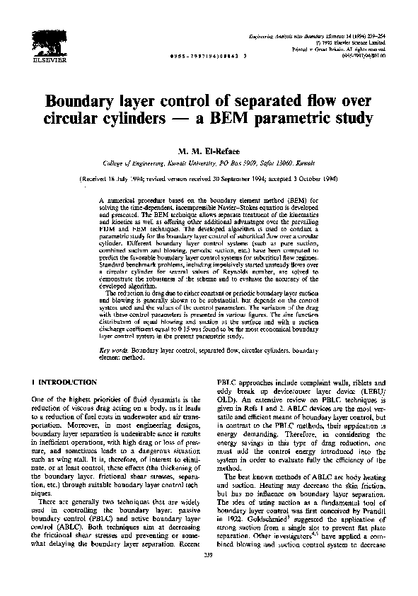 (PDF) Boundary layer control of separated flow over circular cylinders — a BEM parametric study