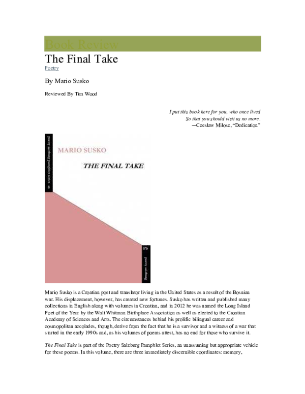 (PDF) Mario Susko, The Final Take Poetry (Colorado Review)
