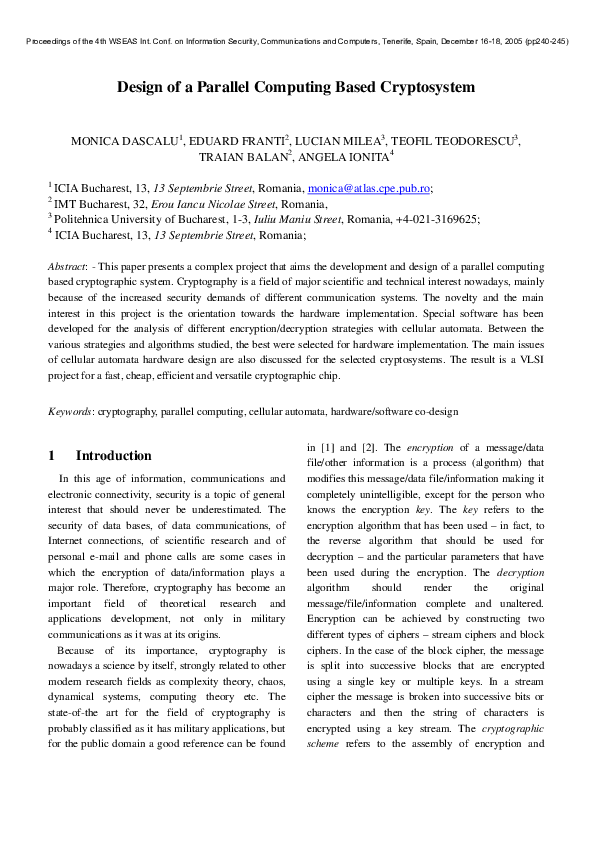 (PDF) Design of a parallel computing based cryptosystem
