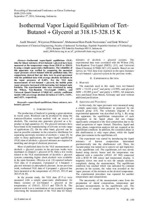 (PDF) Isothermal Vapor Liquid Equilibrium of Tert-Butanol + Glycerol at ...