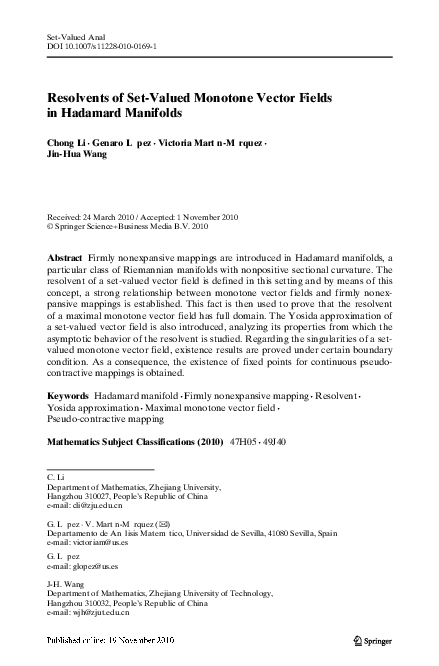 (PDF) Resolvents of Set-Valued Monotone Vector Fields in Hadamard Manifolds