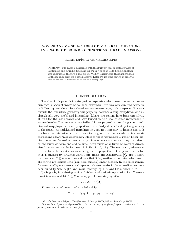 Pdf Nonexpansive Selections Of Metric Projections In Spaces Of Continuous Functions