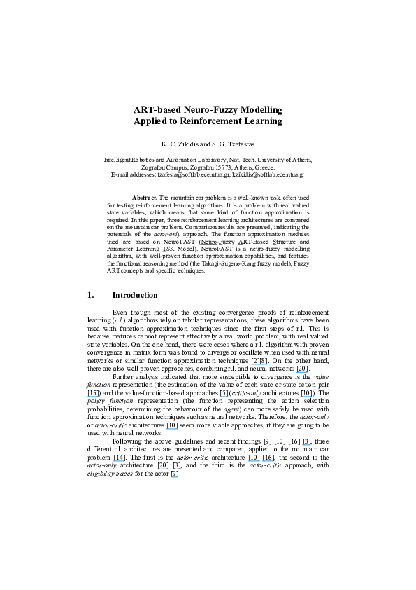 (PDF) ART-Based Neuro-fuzzy Modelling Applied to Reinforcement Learning
