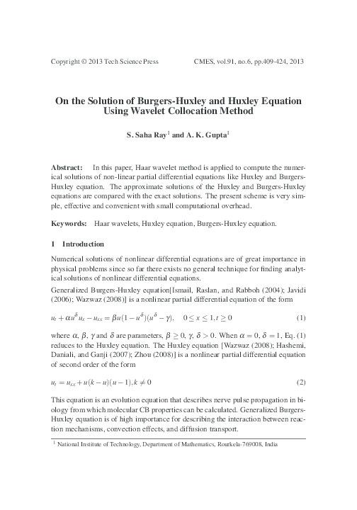 Pdf On The Solution Of Burgers Huxley And Huxley Equation Using