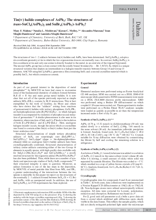 (PDF) Tin(iv) halide complexes of AsPh3: The structures of trans-SnCl4 ...