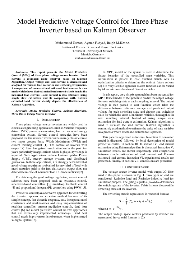 Pdf Model Predictive Voltage Control For Three Phase Inverter Based On Kalman Observer
