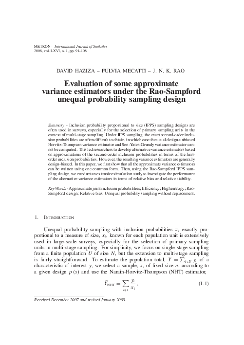 (PDF) Evaluation of some approximate variance estimators under the Rao-Sampford unequal ...