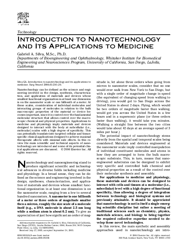 (PDF) Introduction to nanotechnology and its applications to medicine