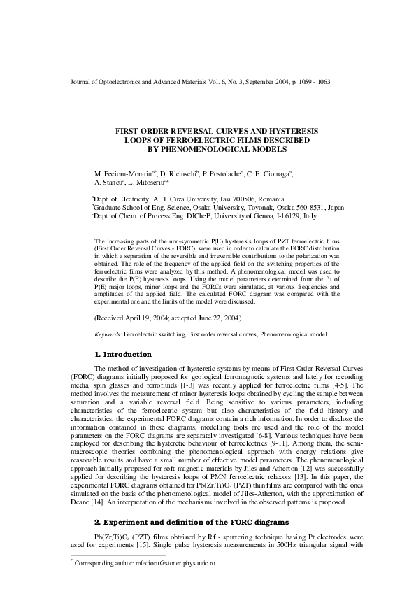 (PDF) First order reversal curves and hysteresis loops of ferroelectric films described by ...