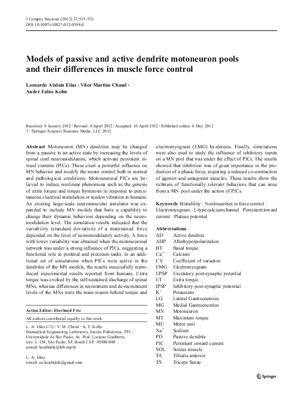 (PDF) Models of passive and active dendrite motoneuron pools and their differences in muscle ...