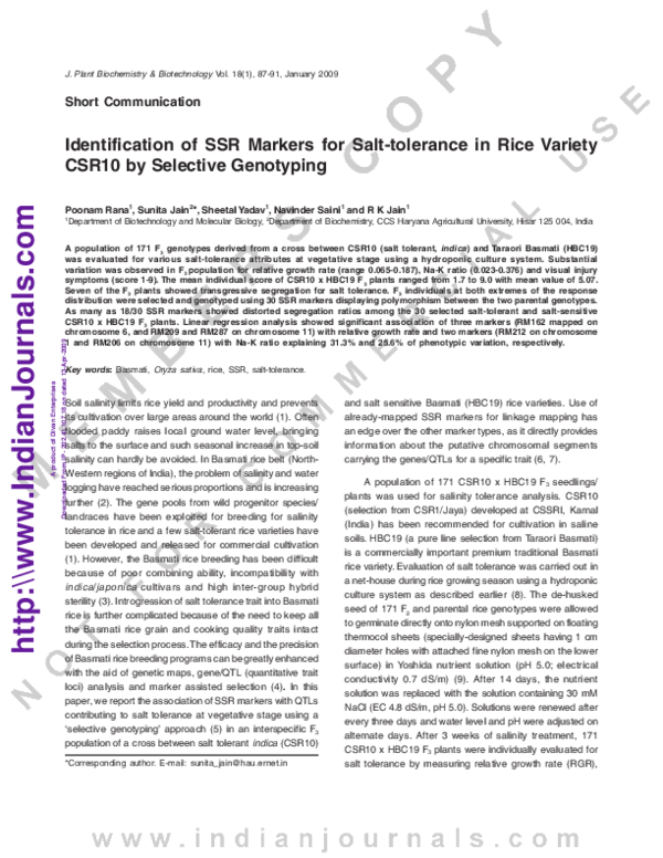 (PDF) Identification of SSR Markers for Salt-tolerance in Rice Variety ...