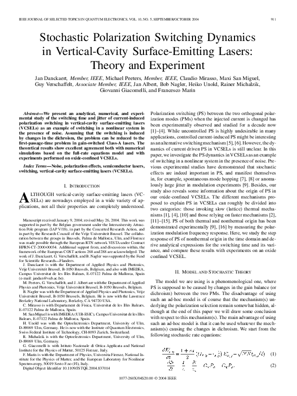 (PDF) Stochastic polarization switching dynamics in vertical-cavity surface-emitting lasers ...