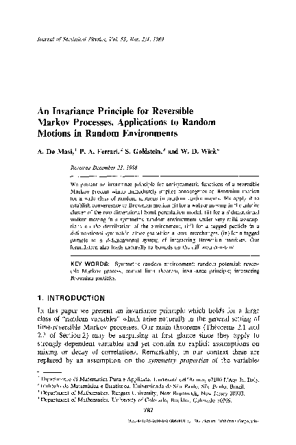(PDF) An invariance principle for reversible Markov processes. Applications to random motions in ...