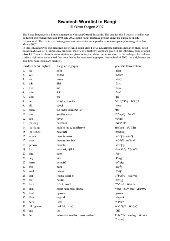 (PDF) Swadesh Wordlist in Rangi