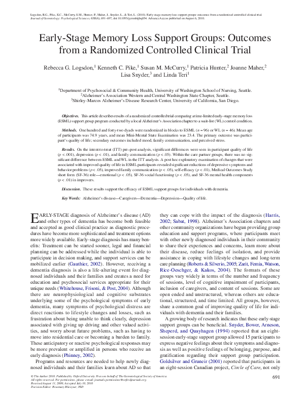 (PDF) Early-Stage Memory Loss Support Groups: Outcomes from a ...