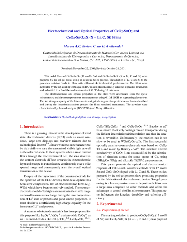 (PDF) Electrochemical and optical properties of CeO2-SnO2 and CeO2-SnO2 ...