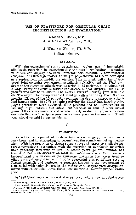 (PDF) USE OF PLASTIPORE FOR OSSICULAR CHAIN RECONSTRUCTION
