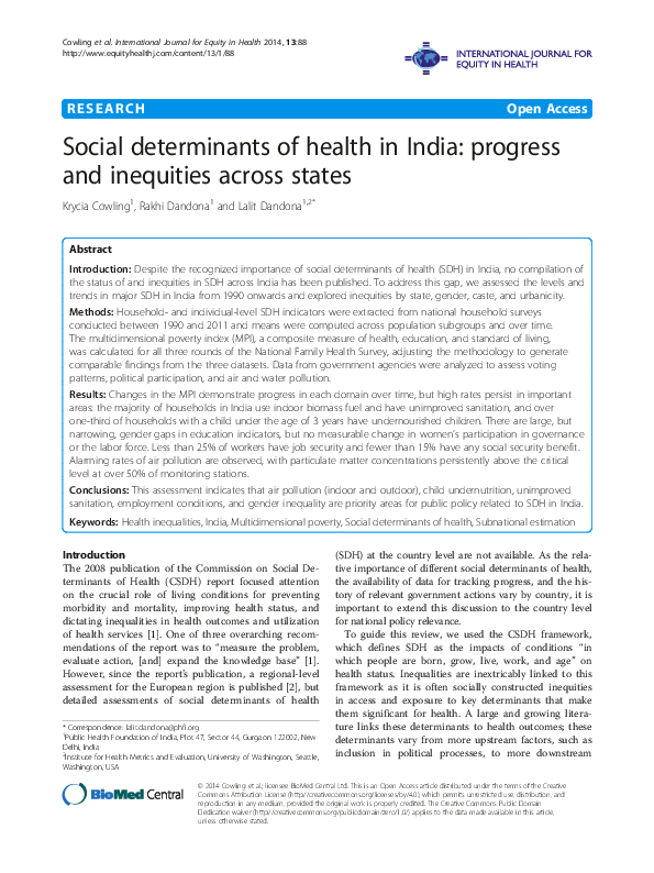 (PDF) Social determinants of health in India: progress and inequities ...