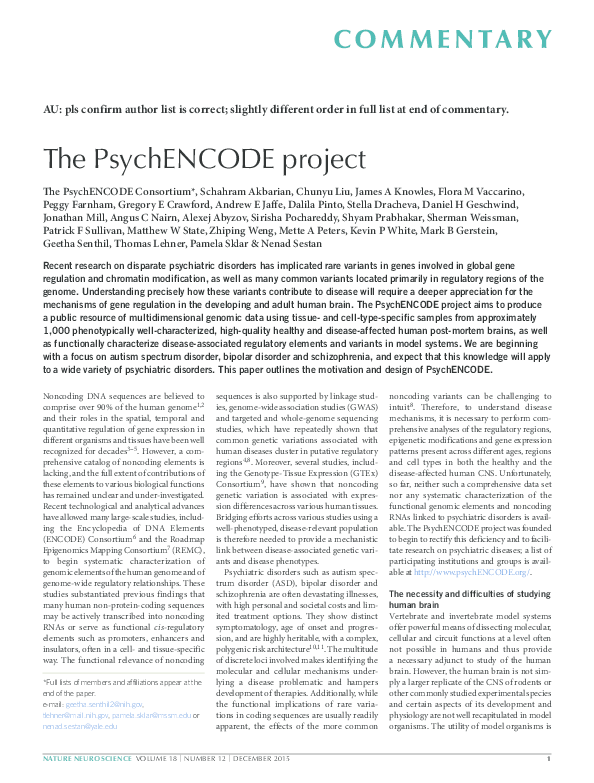 (PDF) The PsychENCODE project | Gregory Wray - Academia.edu