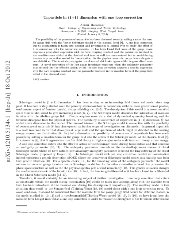 Pdf Unparticle In 11 Dimension With One Loop Correction