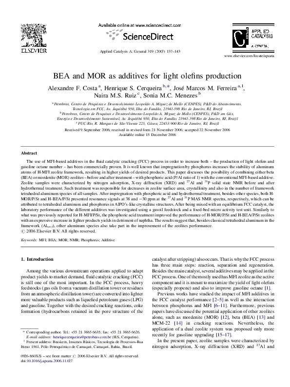 (PDF) BEA and MOR as additives for light olefins production