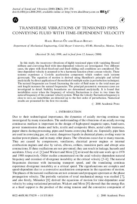(PDF) TRANSVERSE VIBRATIONS OF TENSIONED PIPES CONVEYING FLUID WITH ...