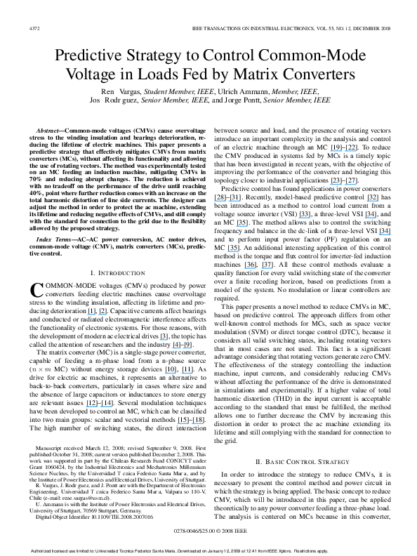 (PDF) Predictive strategy to control common-mode voltage in loads fed by matrix converters