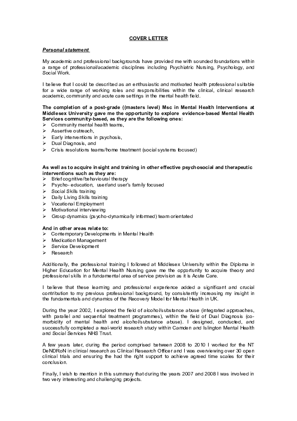 (DOC) COVER LETTER Personal statement