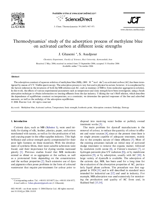 (PDF) Thermodynamics’ study of the adsorption process of methylene blue on activated carbon at ...