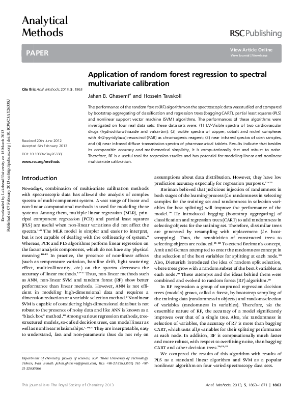 (PDF) Application of random forest regression to spectral multivariate calibration | Jahan B ...