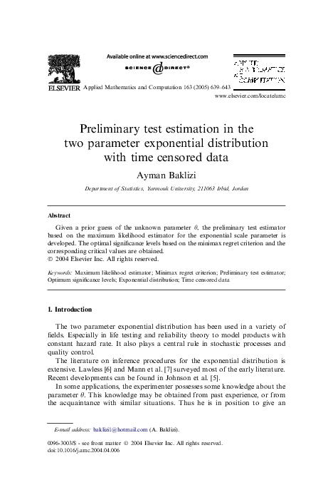 Pdf Preliminary Test Estimation In The Two Parameter Exponential Distribution With Time