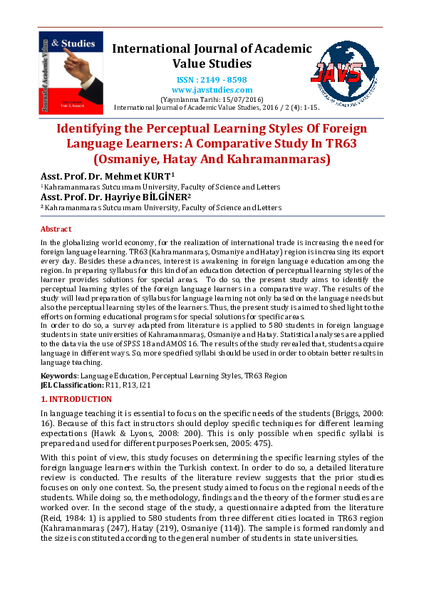 (PDF) Identifying the Perceptual Learning Styles Of Foreign Language Learners: A Comparative ...