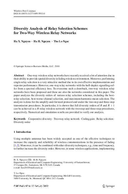 (PDF) Diversity Analysis of Relay Selection Schemes for Two-Way Wireless Relay Networks