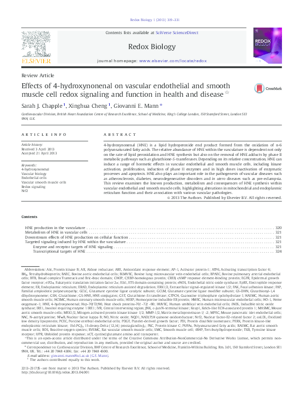 (PDF) Effects of 4-hydroxynonenal on vascular endothelial and smooth muscle cell redox signaling ...