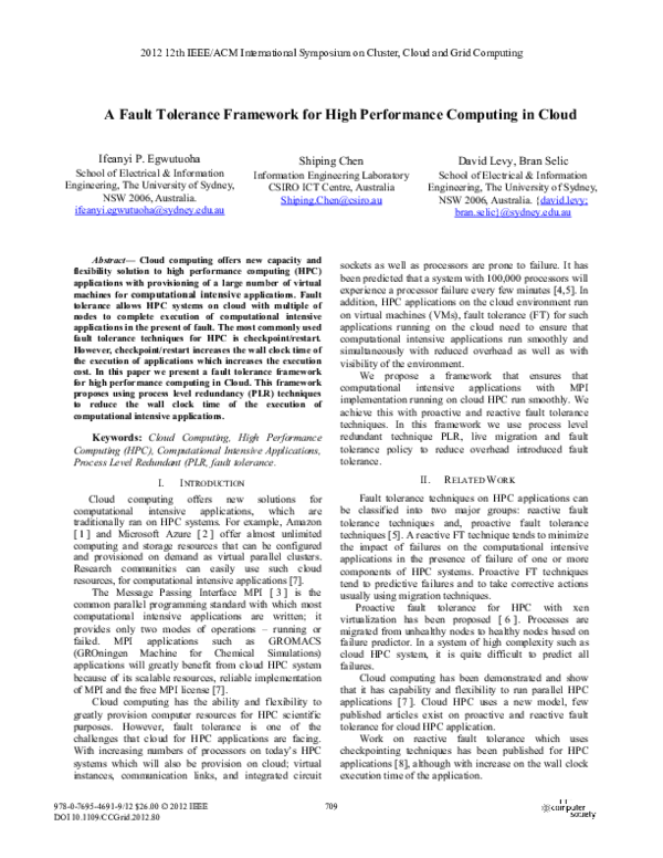 Pdf A Fault Tolerance Framework For High Performance Computing In Cloud