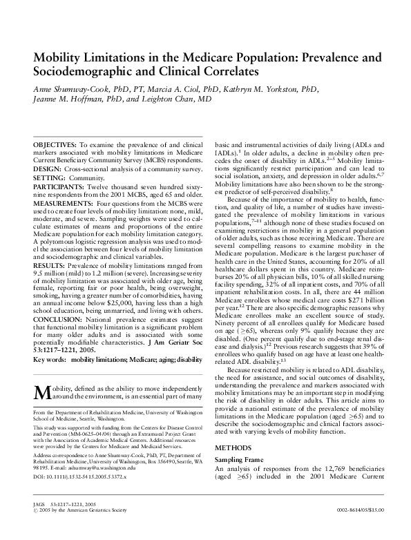 (PDF) Mobility Limitations in the Medicare Population: Prevalence and ...