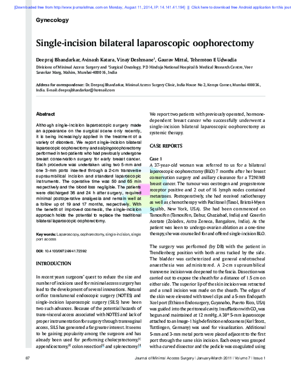 (PDF) Single-incision bilateral laparoscopic oophorectomy