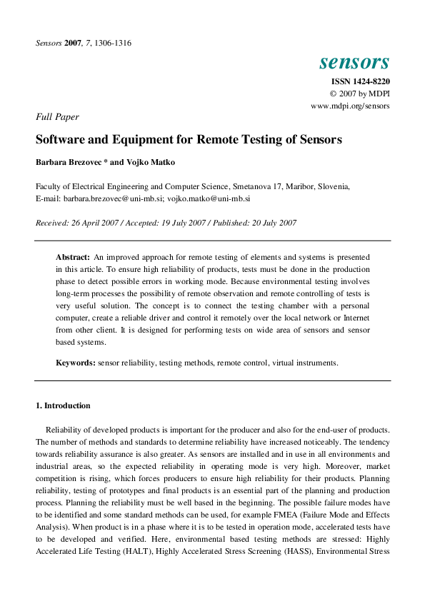 (PDF) Software and Equipment for Remote Testing of Sensors