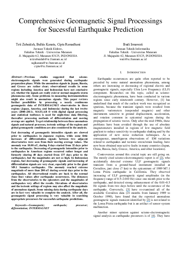 (PDF) Comprehensive geomagnetic signal processing for sucessful earthquake prediction