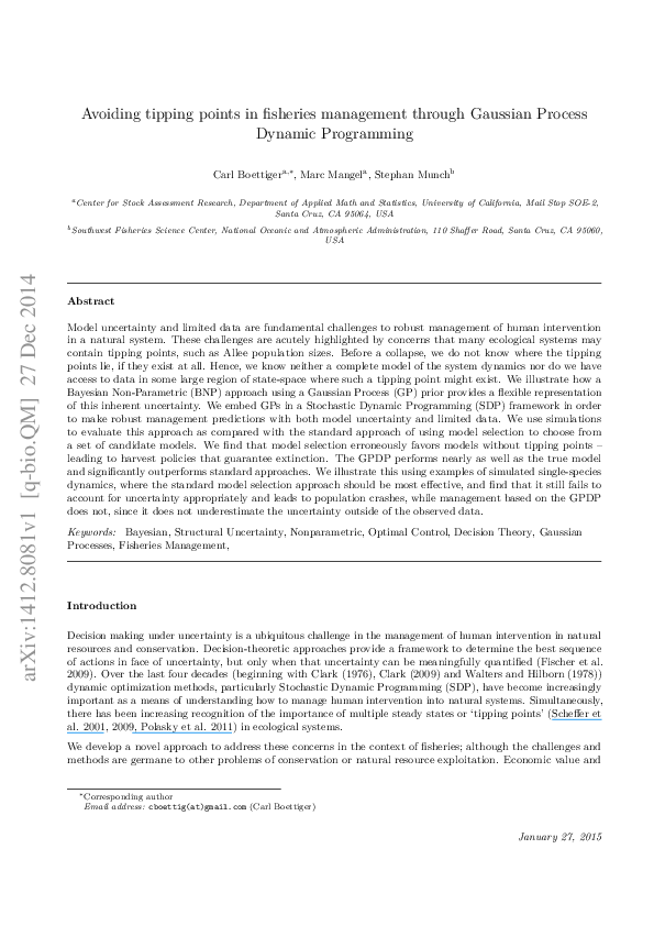 (PDF) Avoiding tipping points in fisheries management through Gaussian process dynamic programming