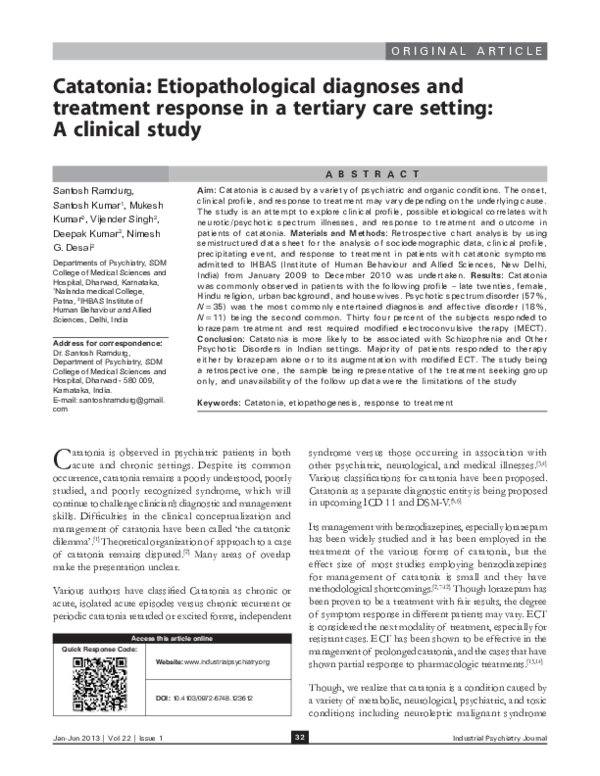 (PDF) Catatonia: Etiopathological diagnoses and treatment response in a ...