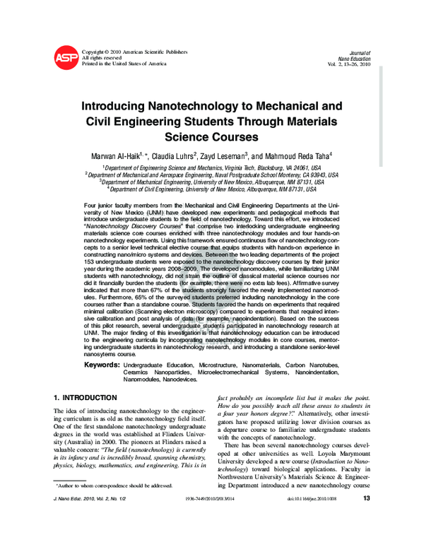 (PDF) Introducing Nanotechnology to Mechanical and Civil Engineering ...
