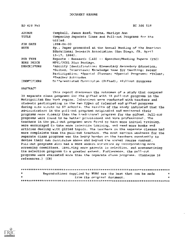 (PDF) Comparing Separate Class and Pull-out Programs for the Gifted