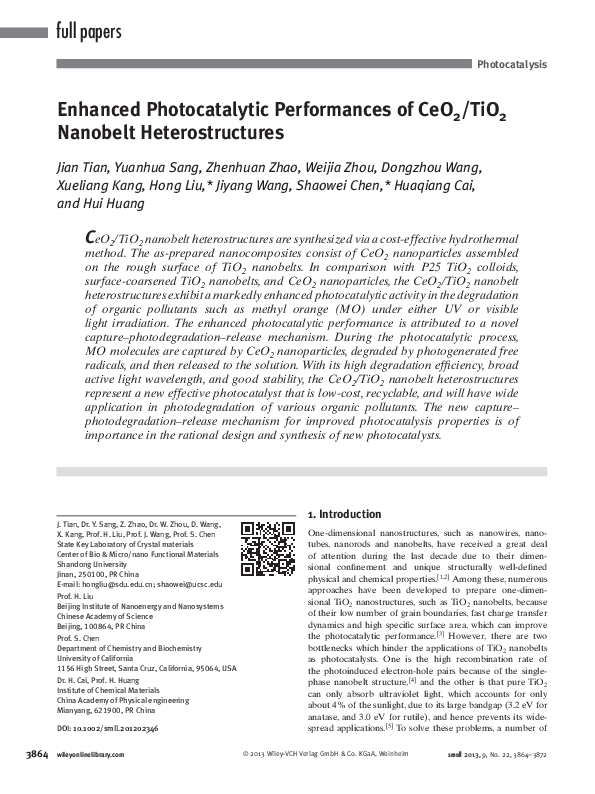 (PDF) Enhanced Photocatalytic Performances of CeO 2 /TiO 2 Nanobelt ...