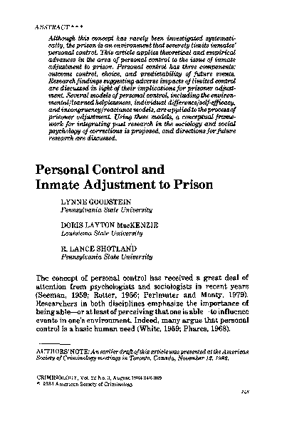 (PDF) Personal Control and Inmate Adjustment to Prison