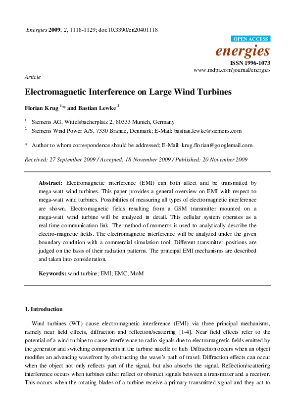 (PDF) Electromagnetic Interference on Large Wind Turbines